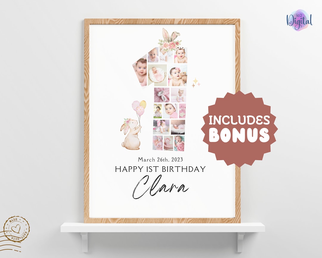 Happy 1st Birthday Photo Collage Template, First Birthday Number ...