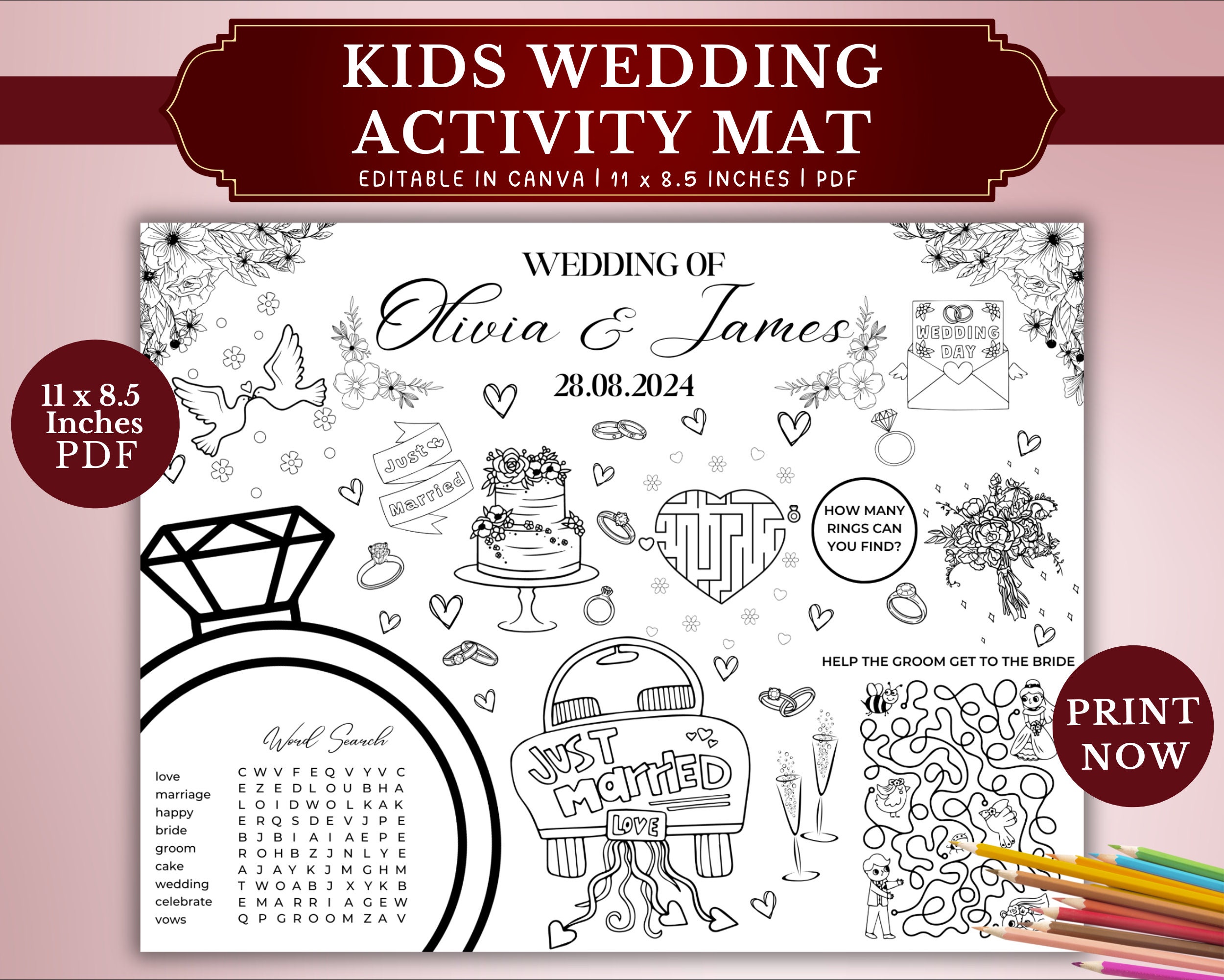 Personalized Kids Wedding Activity Mat: Printable Reception Placemat ...