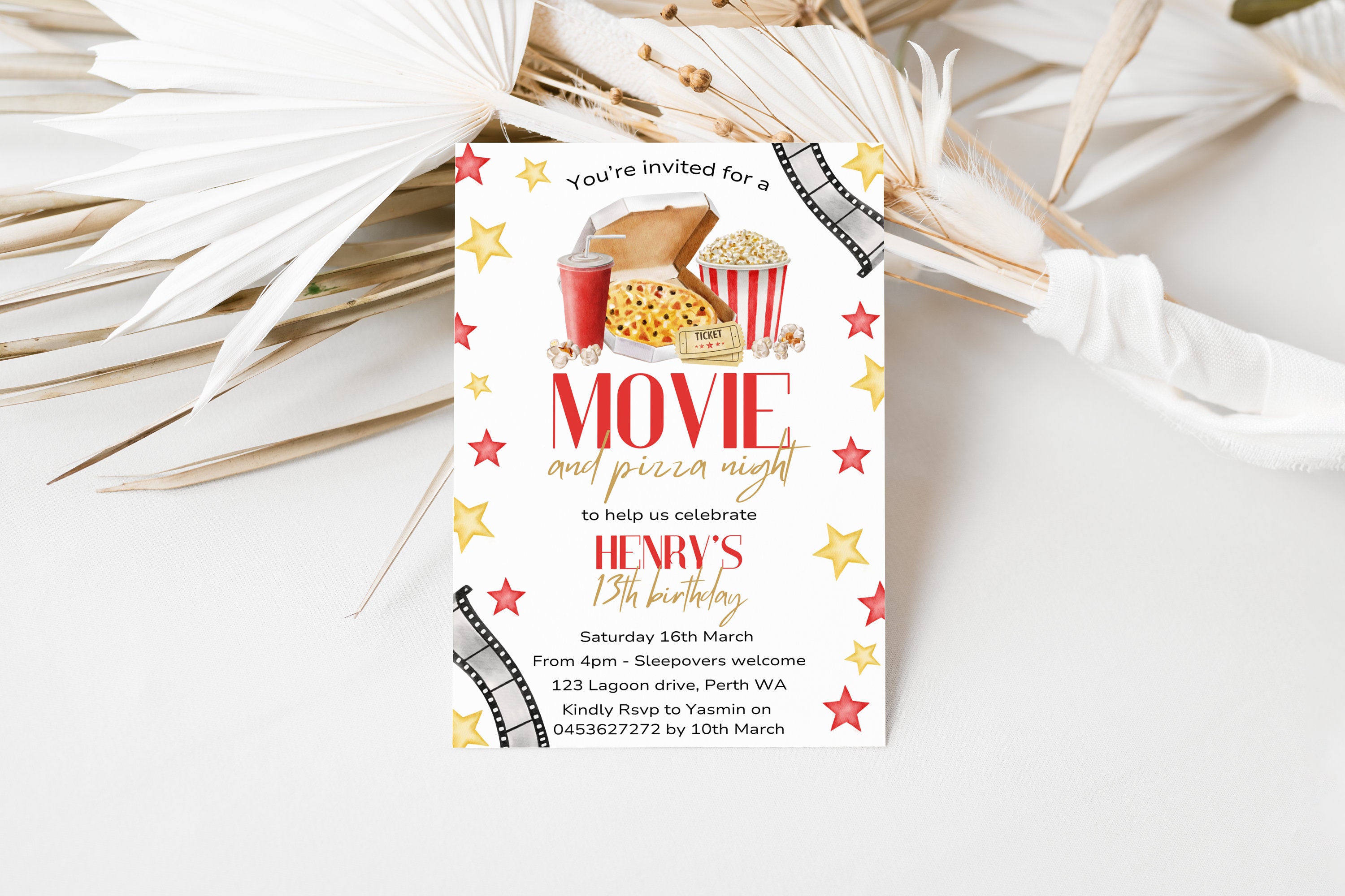Pizza and Movie Night Birthday Party Invitation, Popcorn and Movie ...