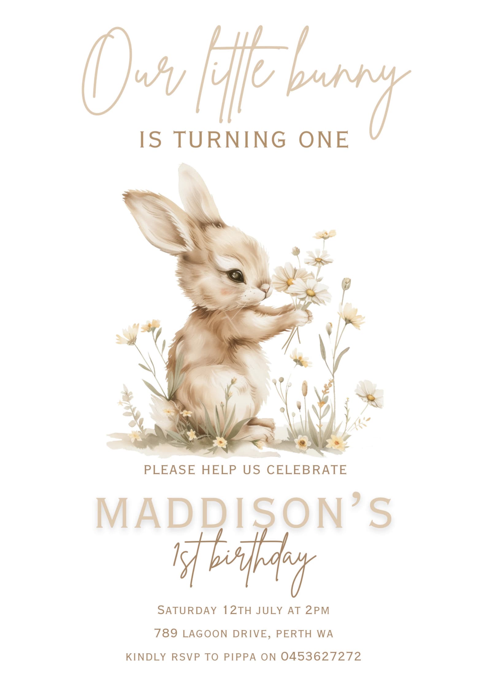Editable A Little Bunny is Turning One Invitation, Bunny and Wildflower ...