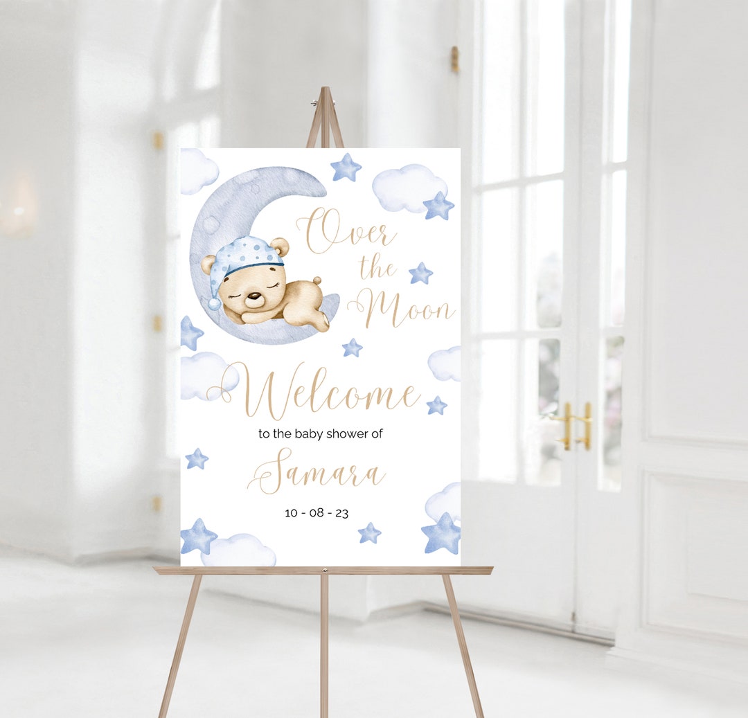 Editable Over the Moon Baby Shower Welcome Sign Party Printable Blue ...