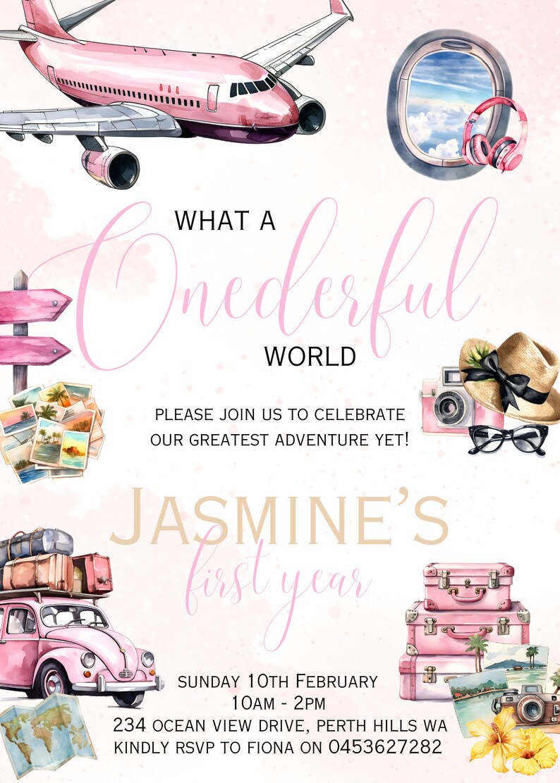 Editable Onderful World Girls First Birthday Travel Invitation ...