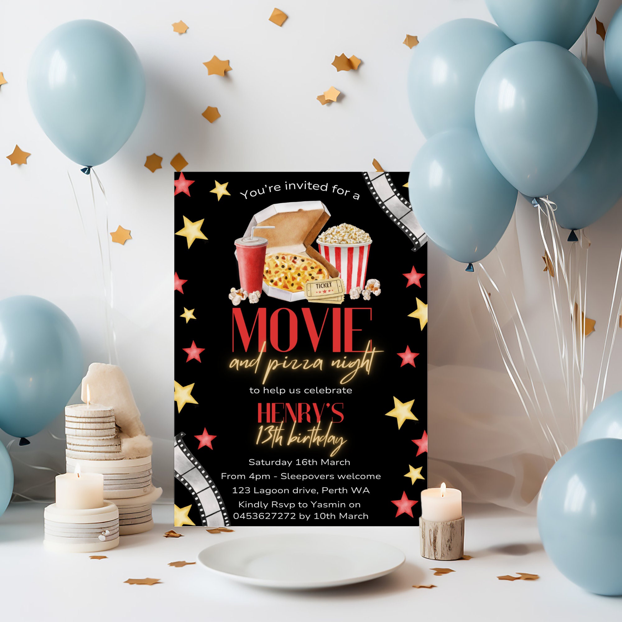 Pizza and Movie Night Birthday Party Invitation, Popcorn and Movie ...