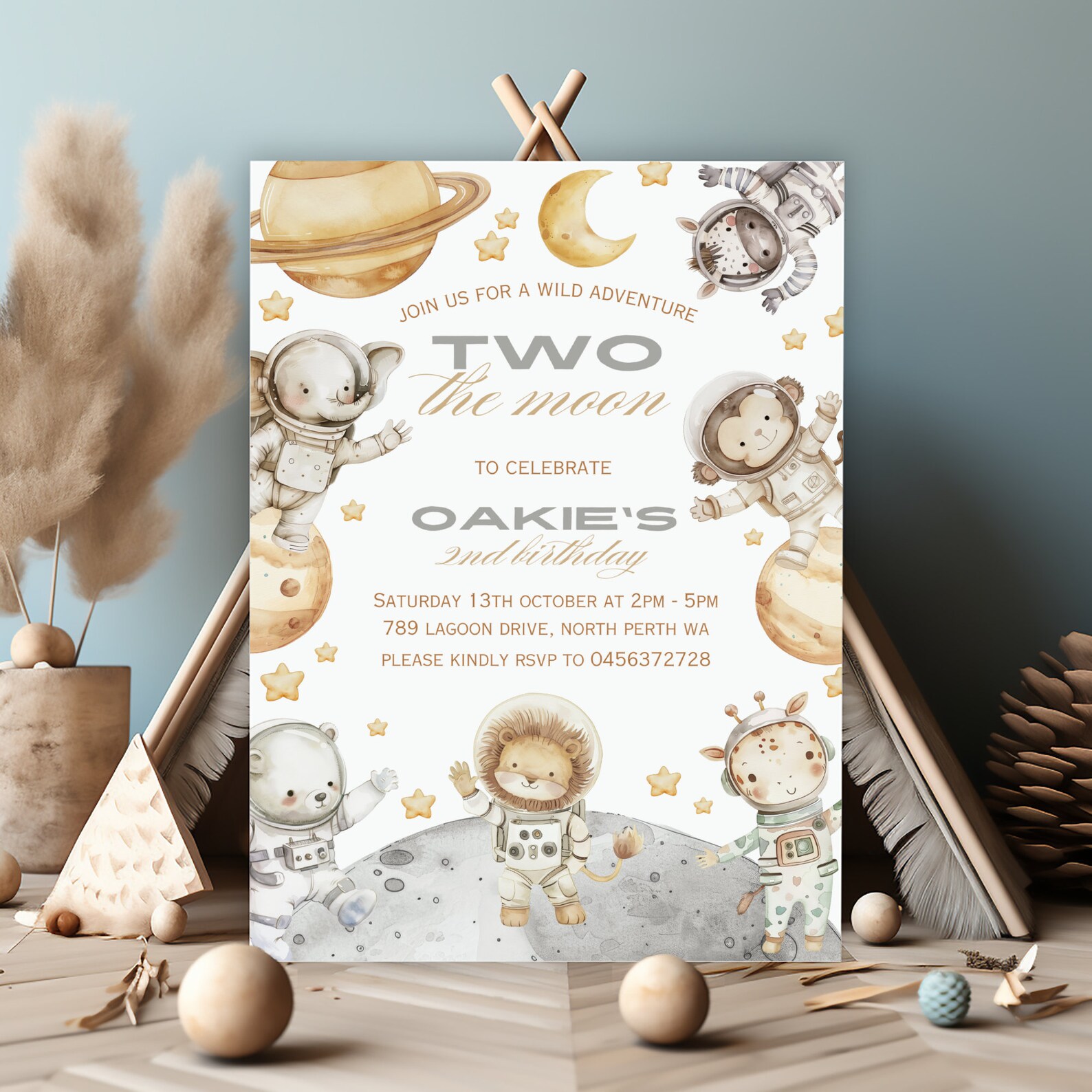 Two the Moon Birthday Party Invitation, Safari Animals Astronaut Party ...