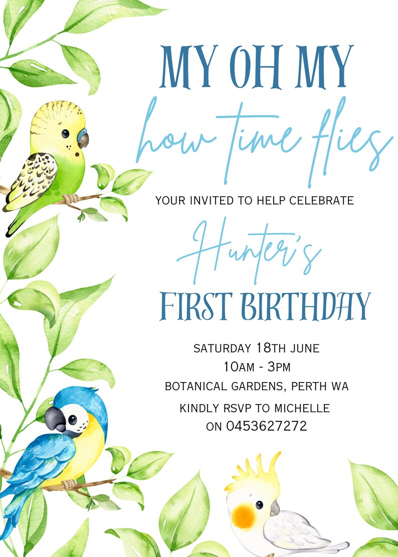 Editable Cockatoo Parrot and Budgie Birds Birthday Party Invitation ...