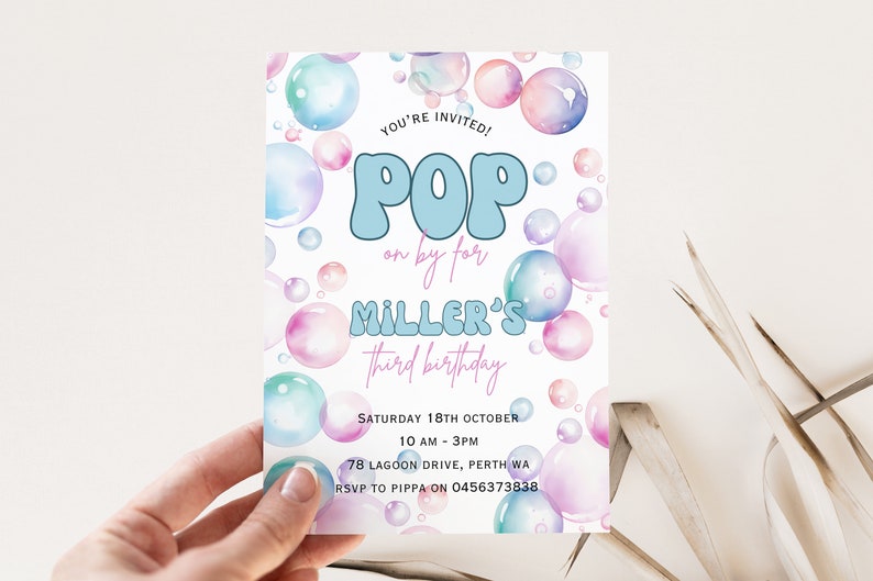 Editable Bubbles Birthday Invitation, Pop on by Birthday Party Invite ...