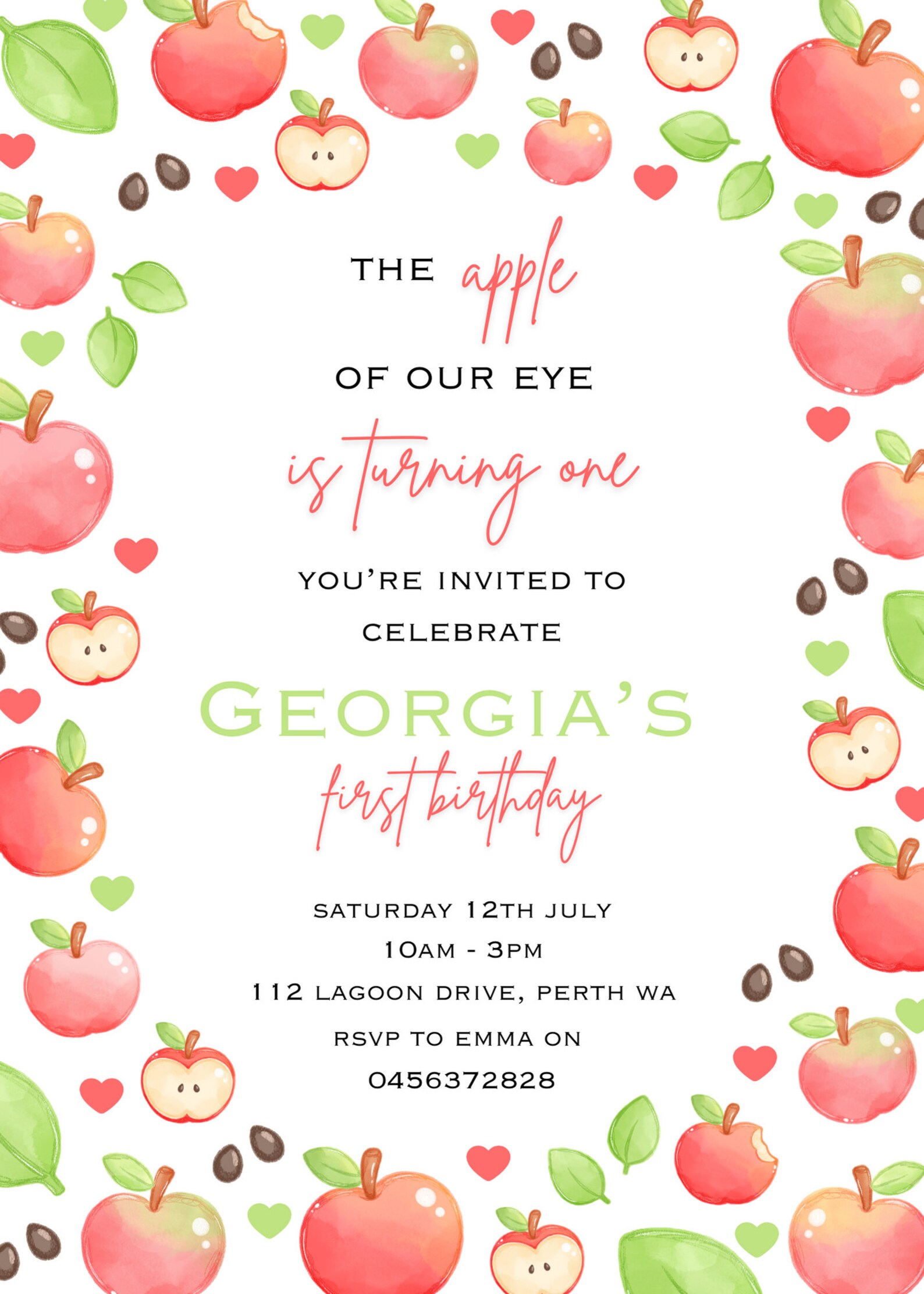 Editable the Apple of Our Eye First Birthday Invitation, Cute Apples ...