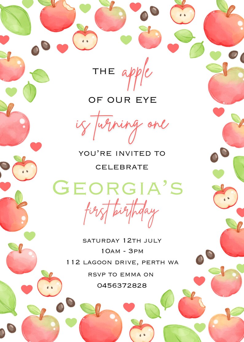 Editable the Apple of Our Eye First Birthday Invitation, Cute Apples ...