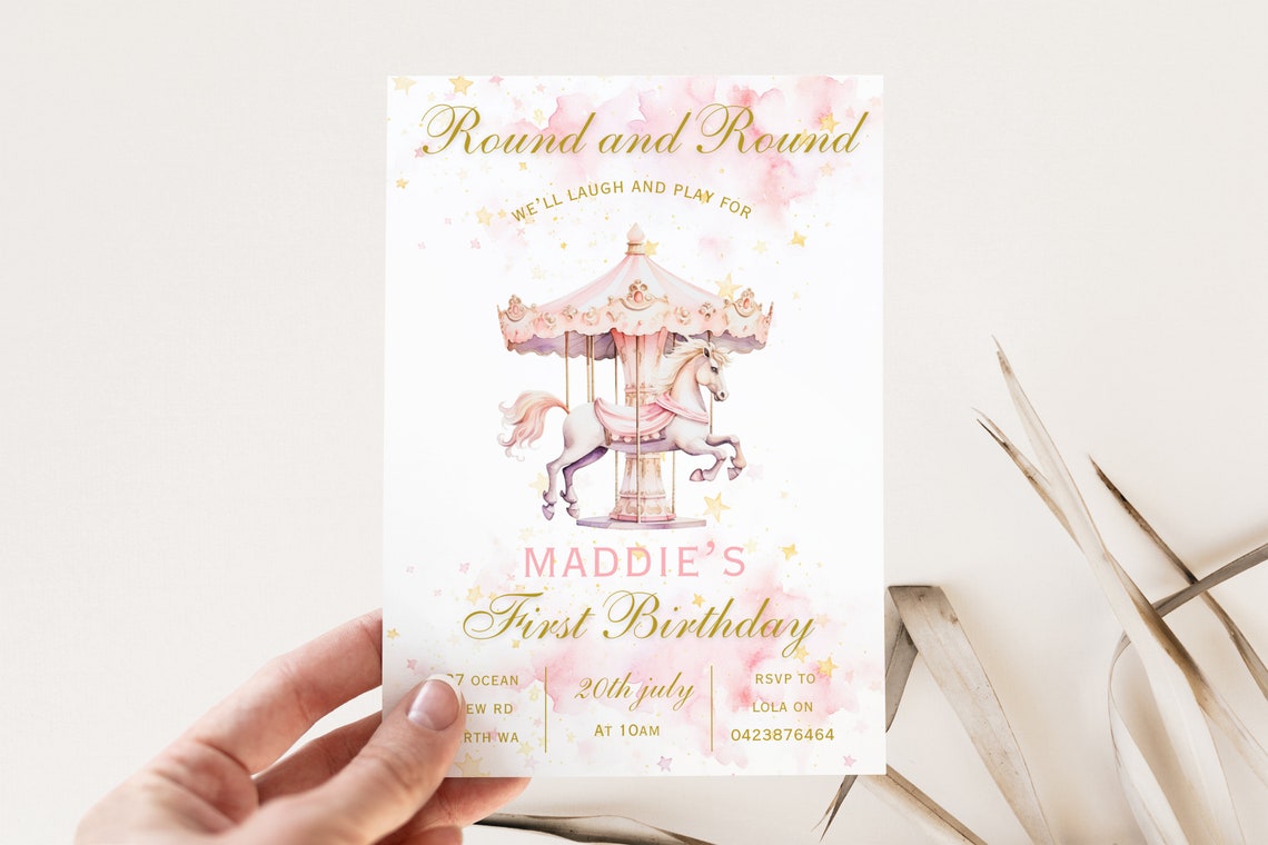 Editable Girls Carousel Birthday Party Invitation, Little Girls Pink ...