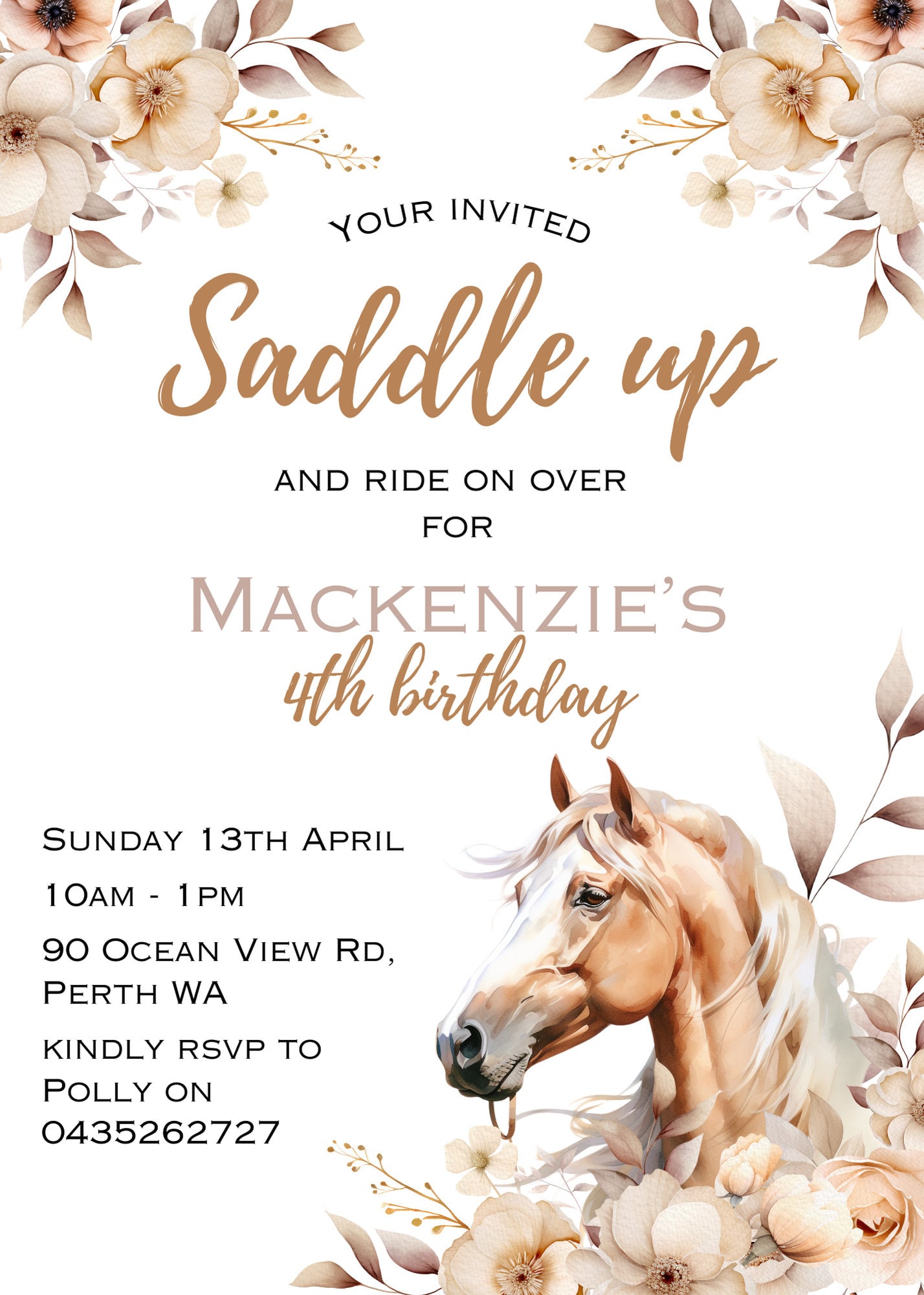 Editable Pretty Horse and Flowers Birthday Invitation, Saddle up and ...