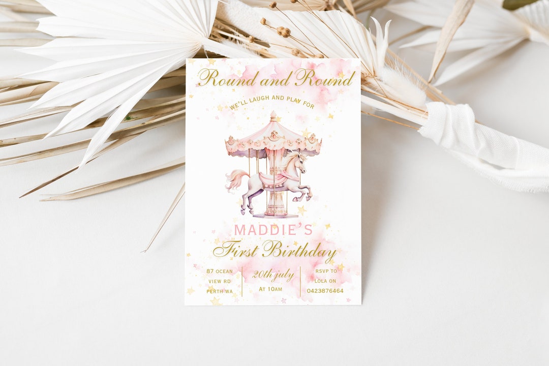 Editable Girls Carousel Birthday Party Invitation, Little Girls Pink ...