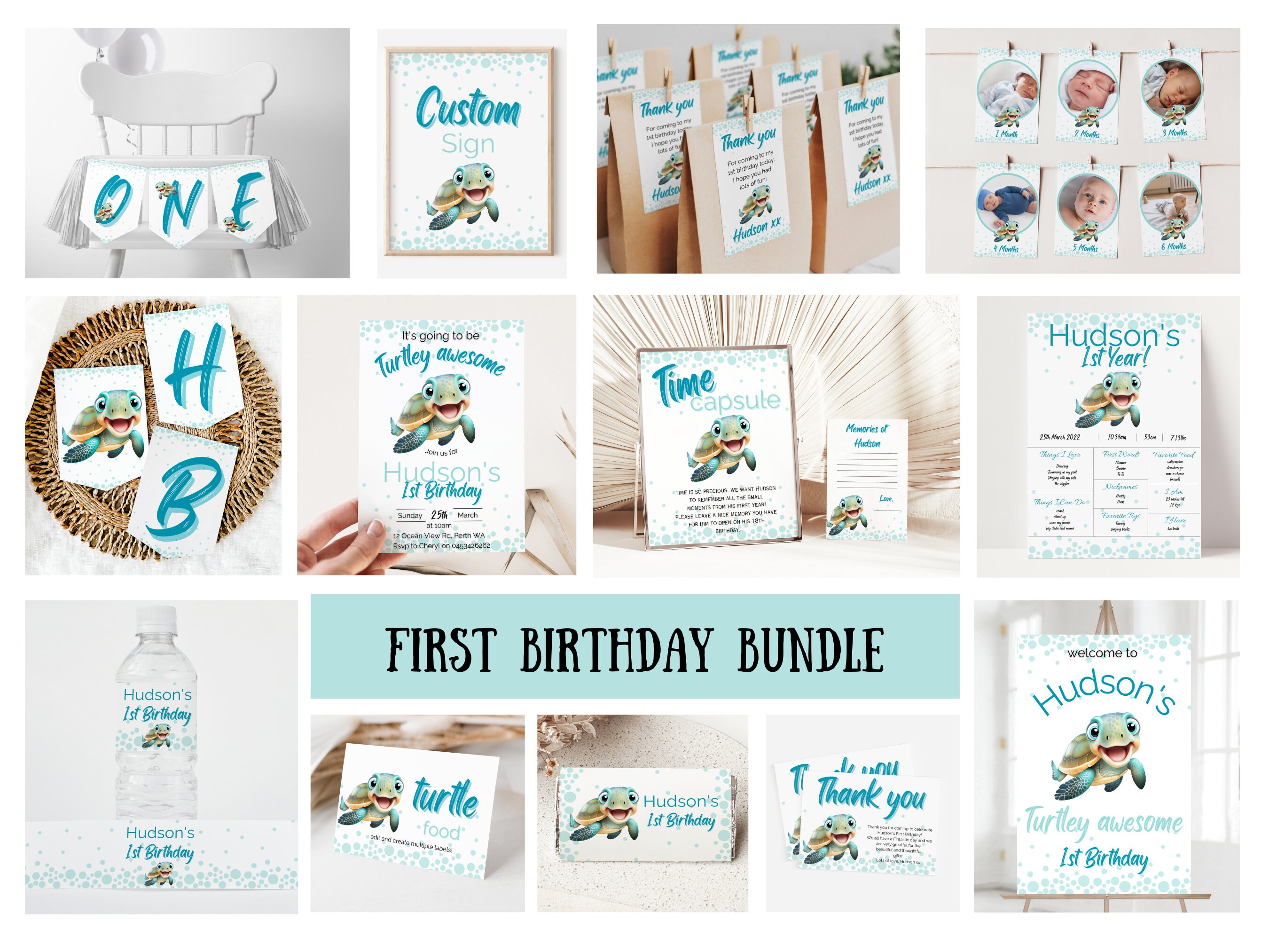 Turtle First Birthday Bundle, Turtle Birthday Invitation, Turtle Party ...