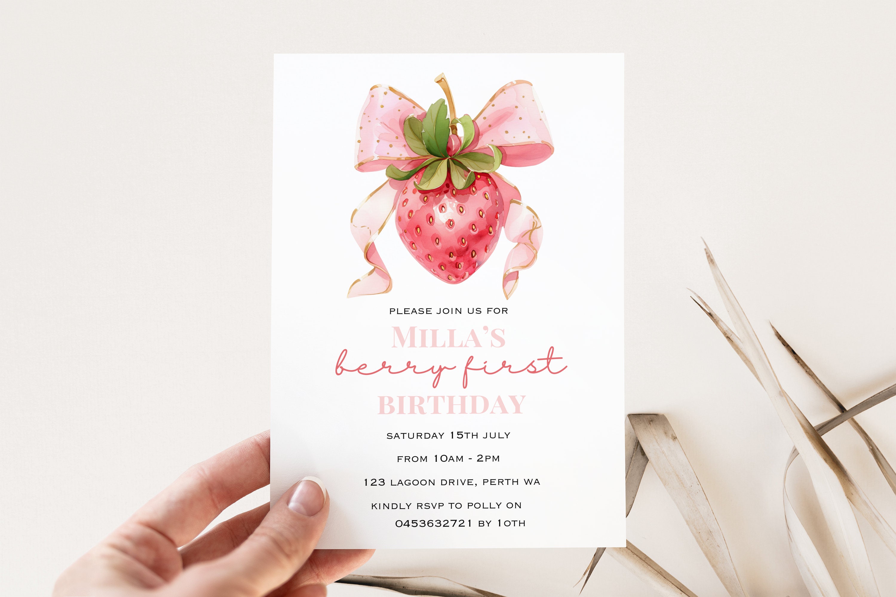 Strawberry First Birthday Invitation, Pink Bow Invite, Berry First ...