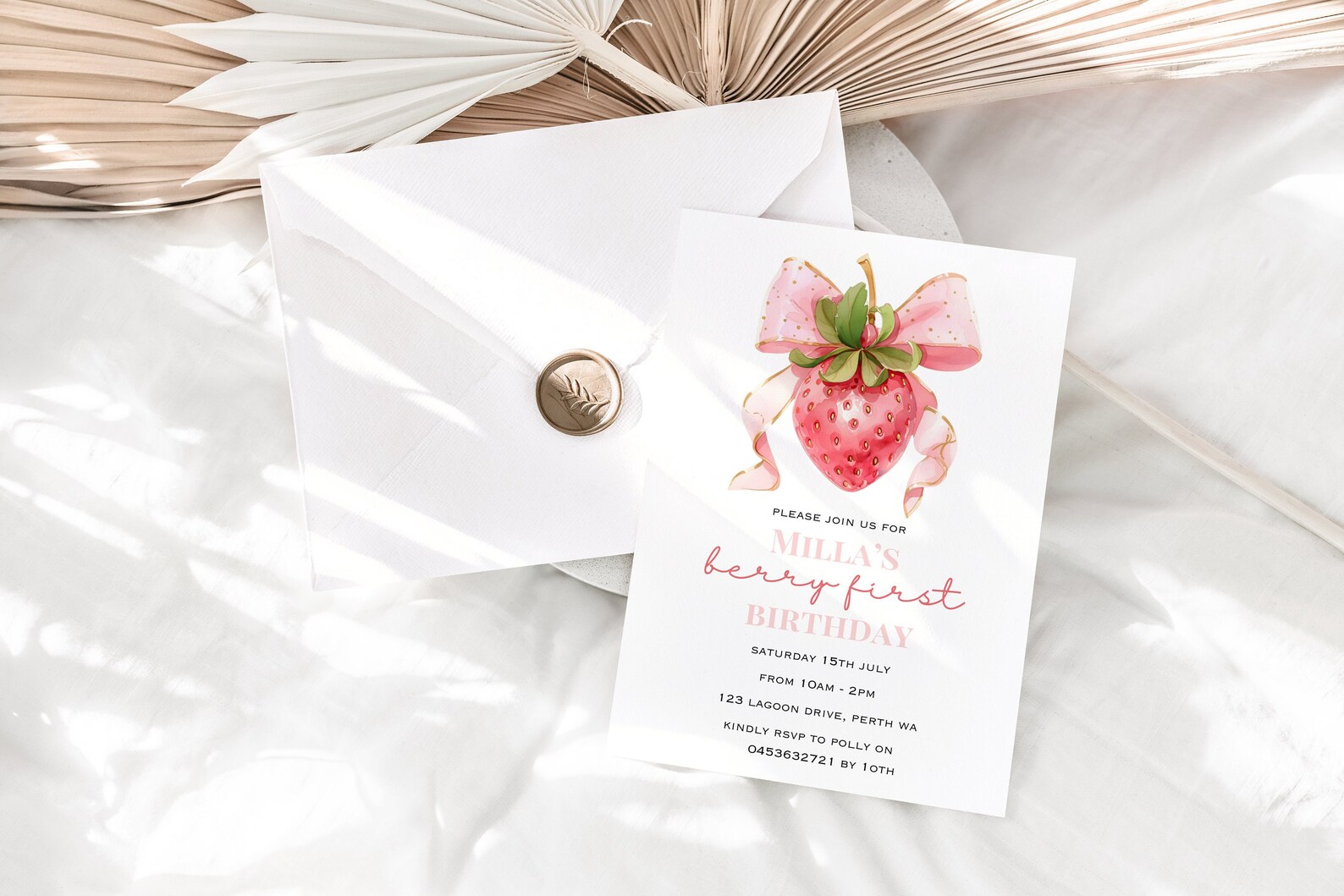 Strawberry First Birthday Invitation, Pink Bow Invite, Berry First ...