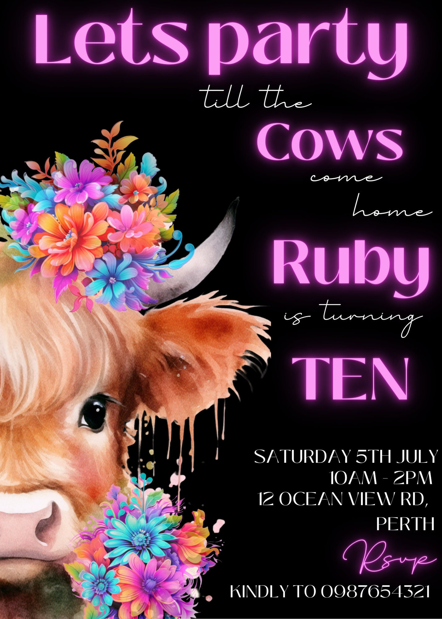 Editable Neon Highland Cow Birthday Party Invitation, Pink Party ...