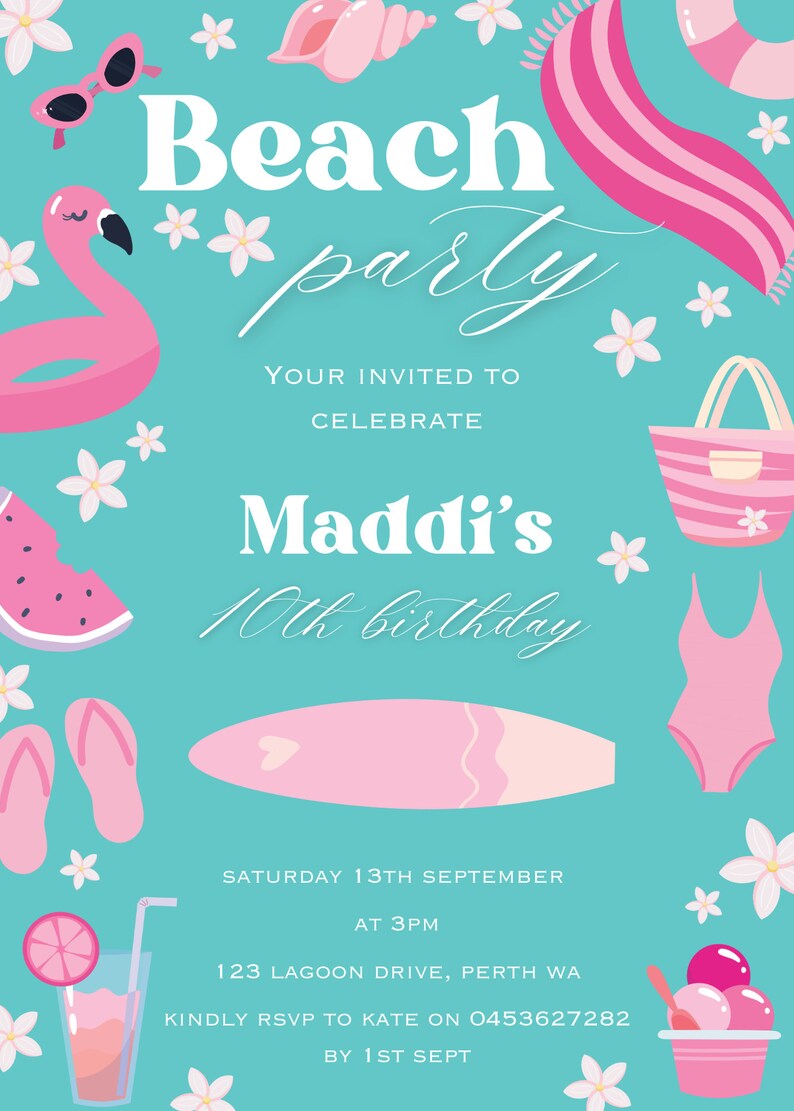 Beach Party Birthday Party Invitation, Summer Party Invite, Girl's 10th ...