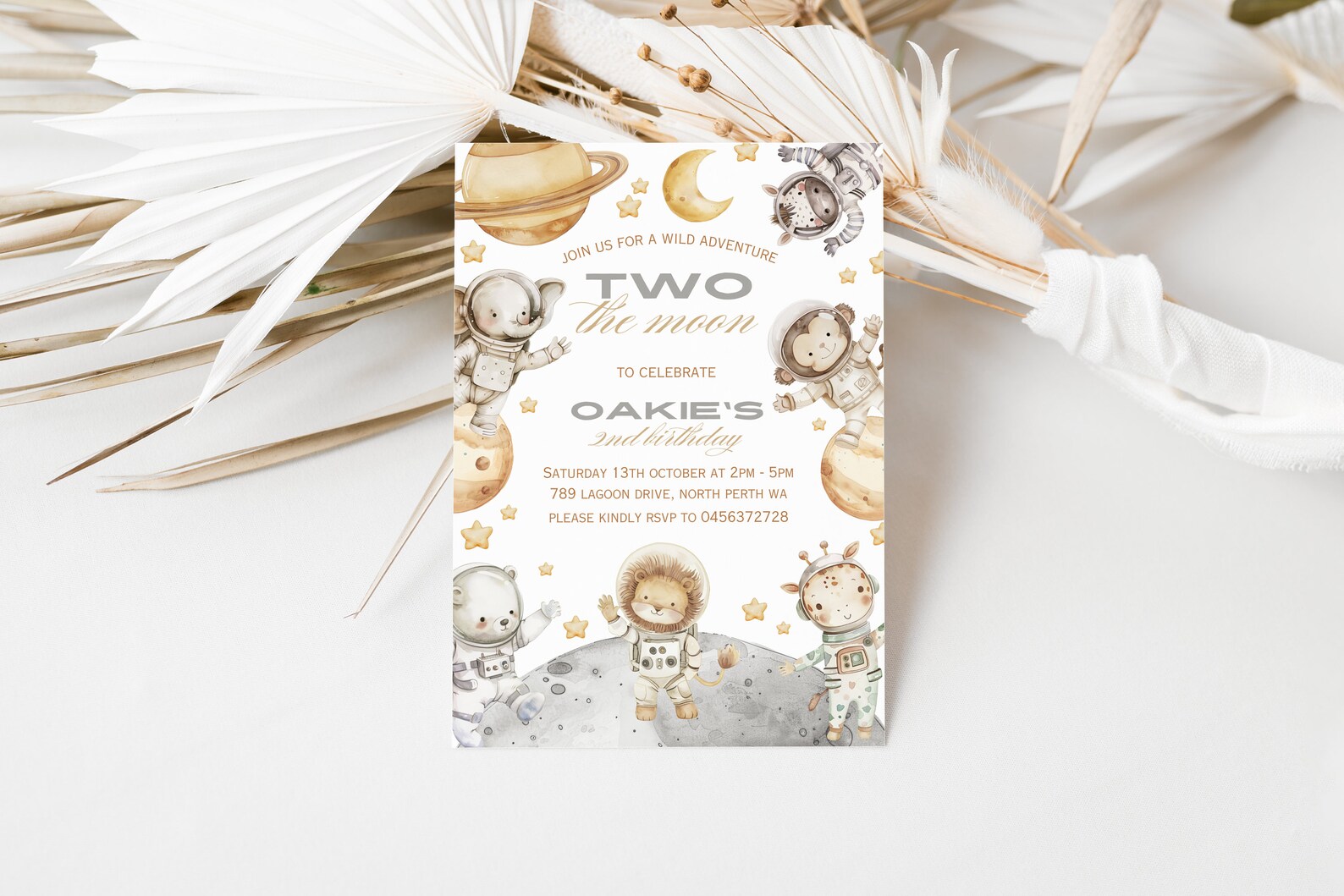 Two the Moon Birthday Party Invitation, Safari Animals Astronaut Party ...