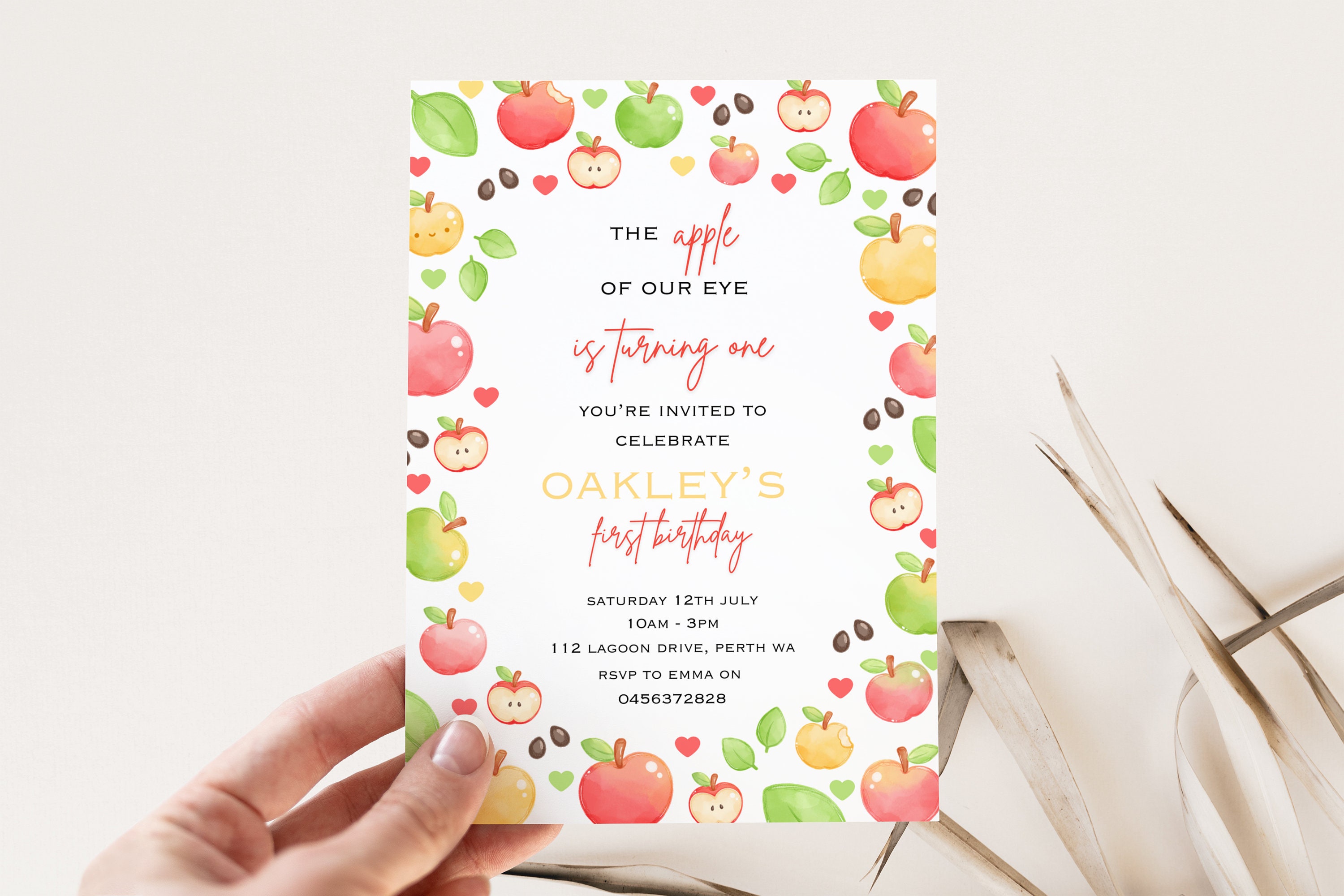 Editable the Apple of Our Eye First Birthday Invitation, Cute Apples ...