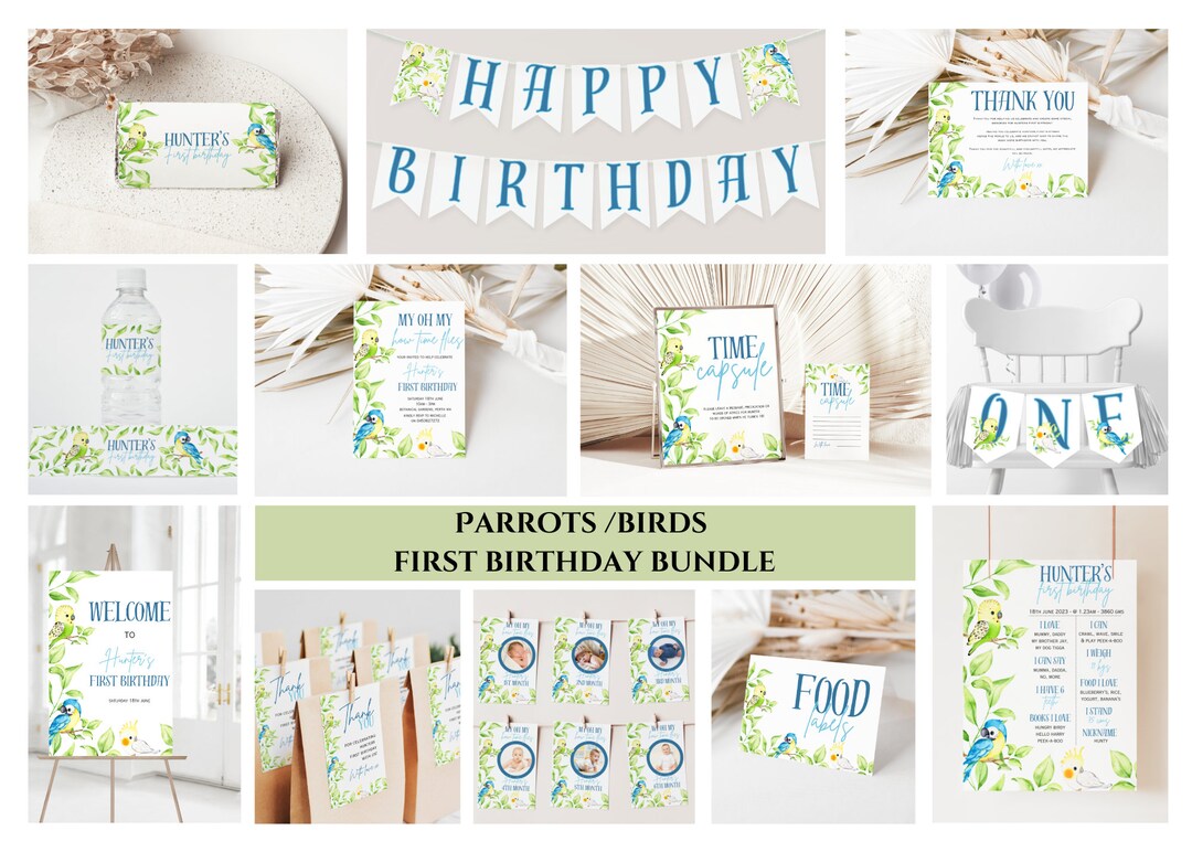 Parrots First Birthday Bundle, Boy's Bird Theme Party Bundle Templates ...