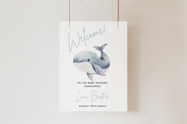 Editable Whale Baby Shower Welcome Board, Cute Whale Welcome Sign, Baby ...