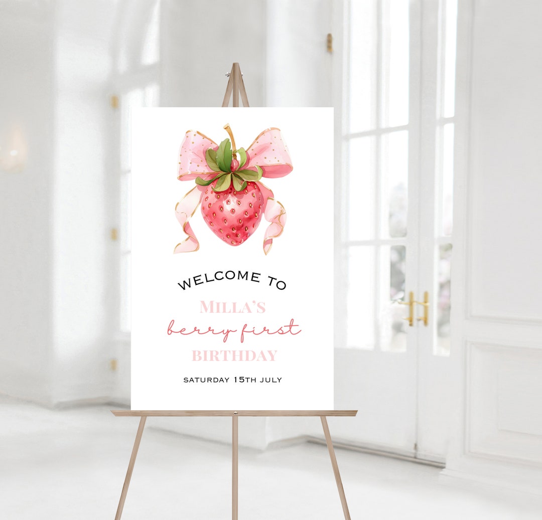 Strawberry Birthday Party Welcome Sign, Pink Coquette Bow Welcome Sign ...
