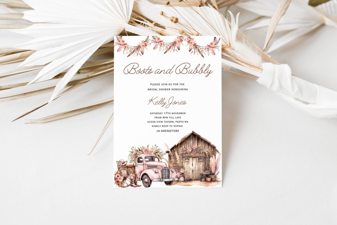 Editable Boots and Bubbly Country Bridal Shower Invitation, Country ...