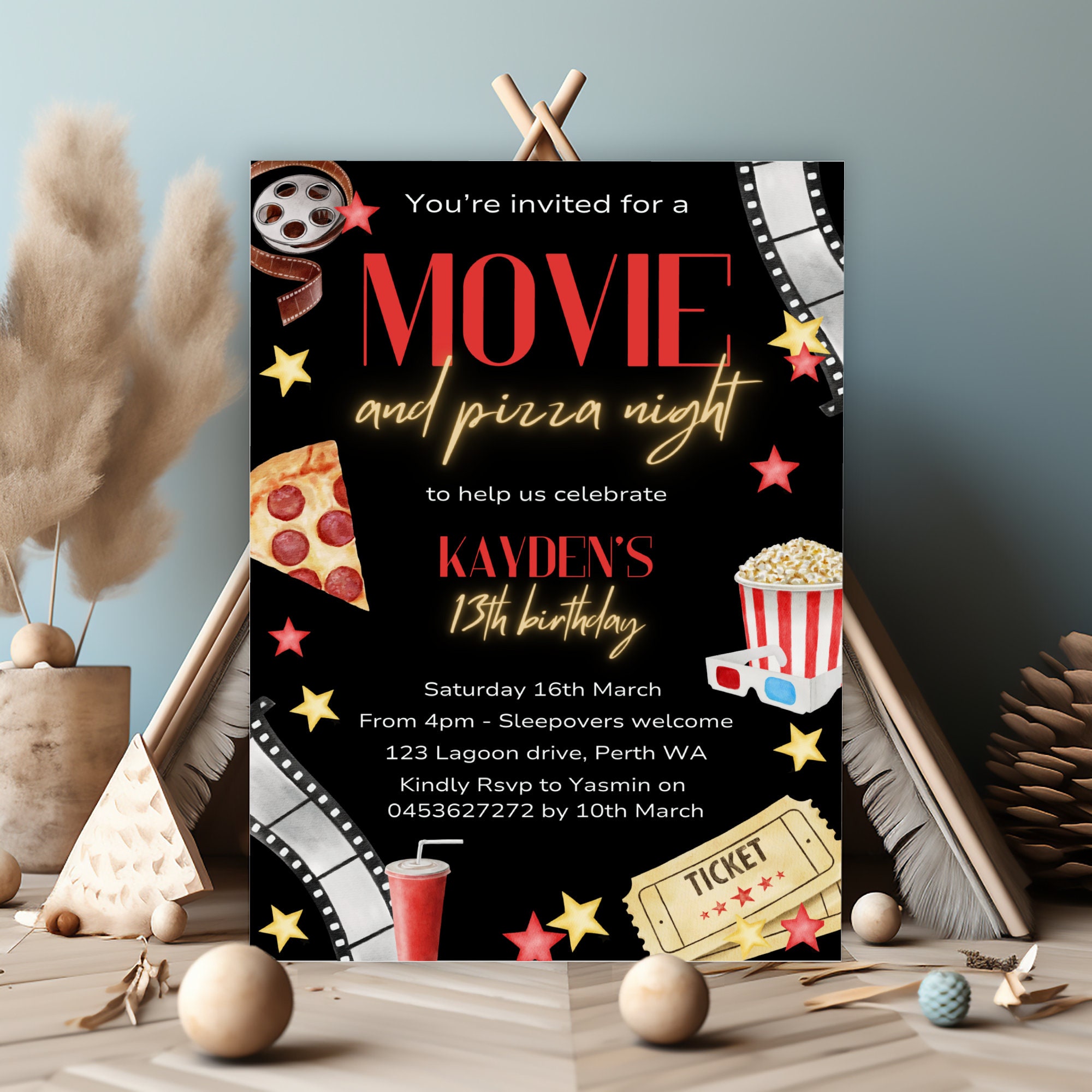 Pizza and Movie Night Birthday Party Invitation, Popcorn and Movie ...