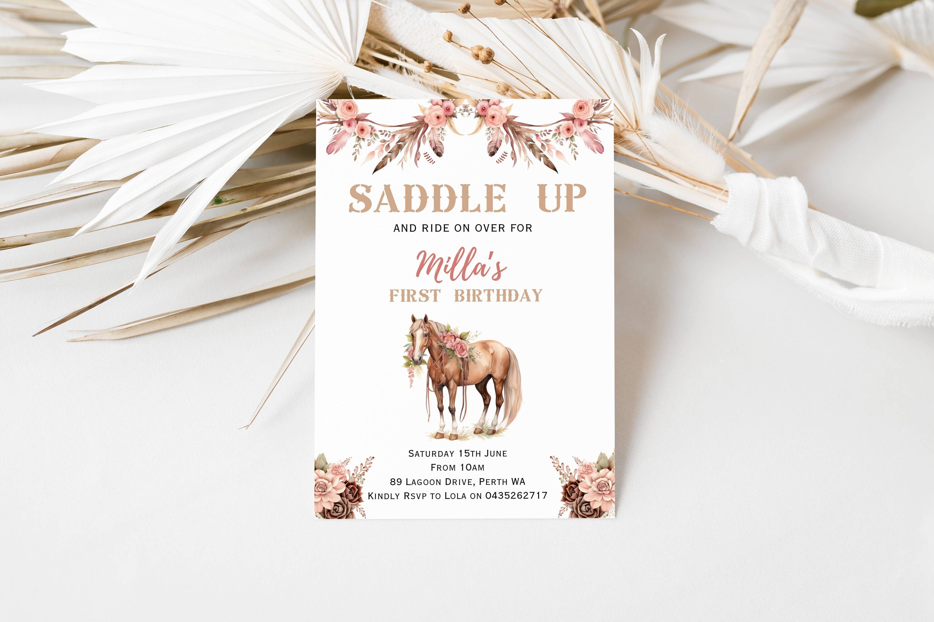 Editable Horse and Flowers Girls Birthday Party Invitation, Little ...