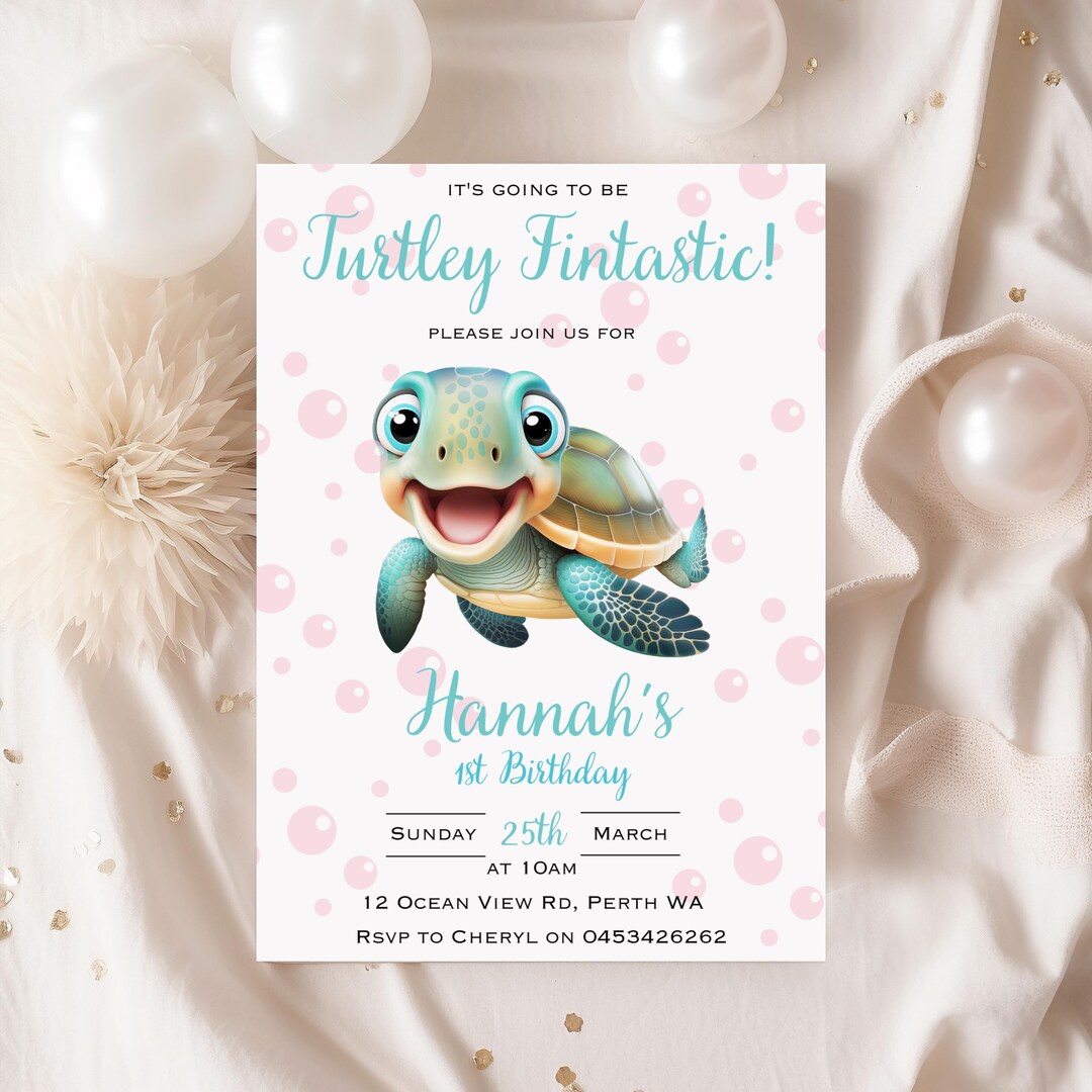 Turtle Birthday Invitation, Turtley Fintastic Invite, Girl's First ...