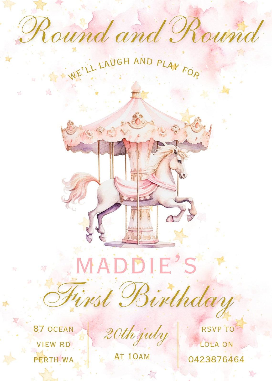 Editable Girls Carousel Birthday Party Invitation, Little Girls Pink ...