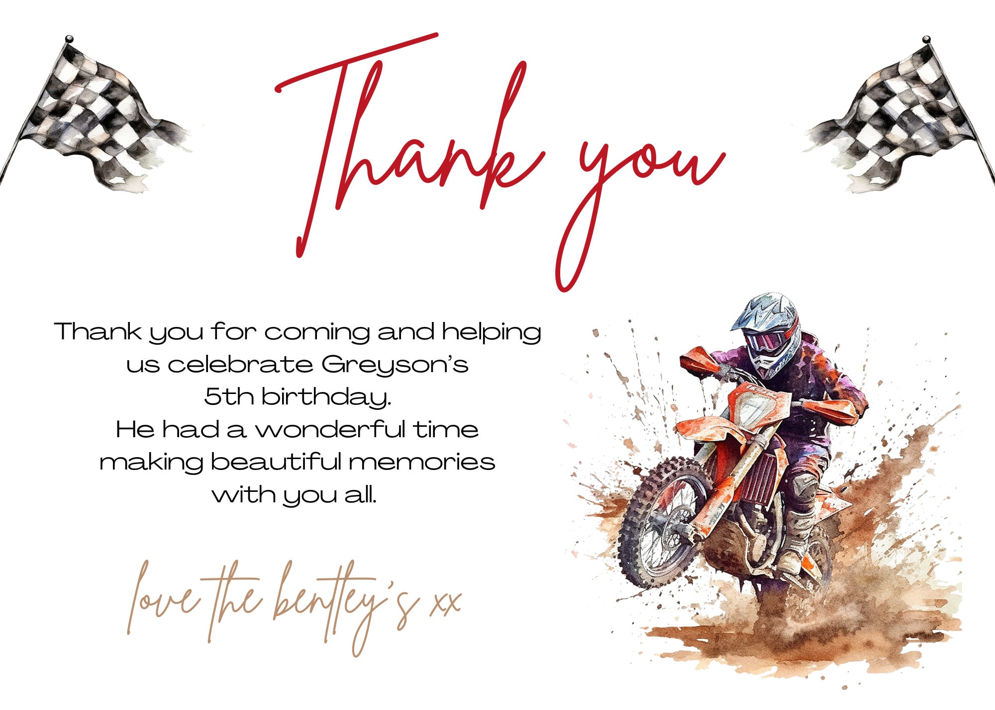 Motorbike Thank You Card, Boys Birthday Thank You Card, Motorcross ...