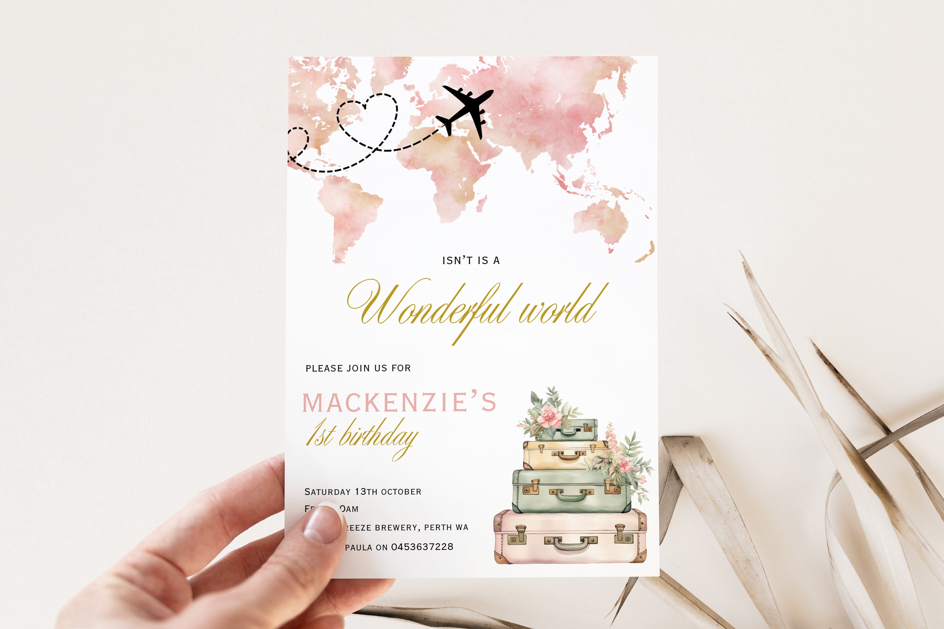 Editable Onderful World Girls First Birthday Travel Invitation ...