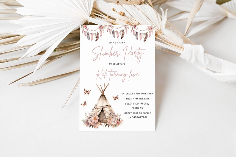 Editable Slumber Party Girls Birthday Invitation, Boho Sleepover Party ...