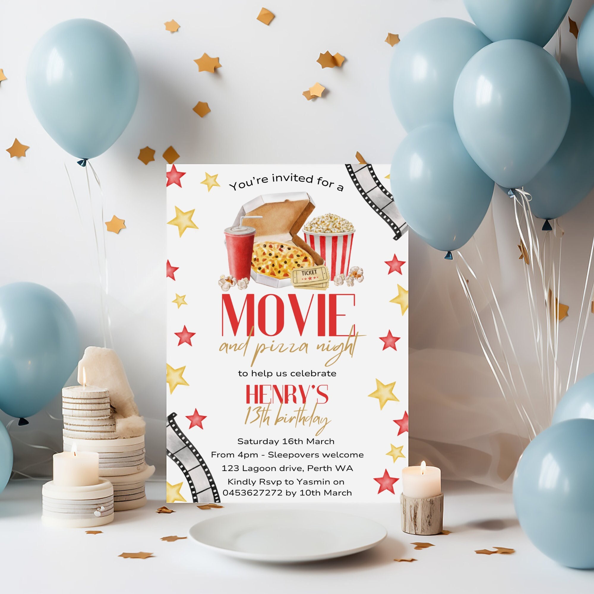 Pizza and Movie Night Birthday Party Invitation, Popcorn and Movie ...