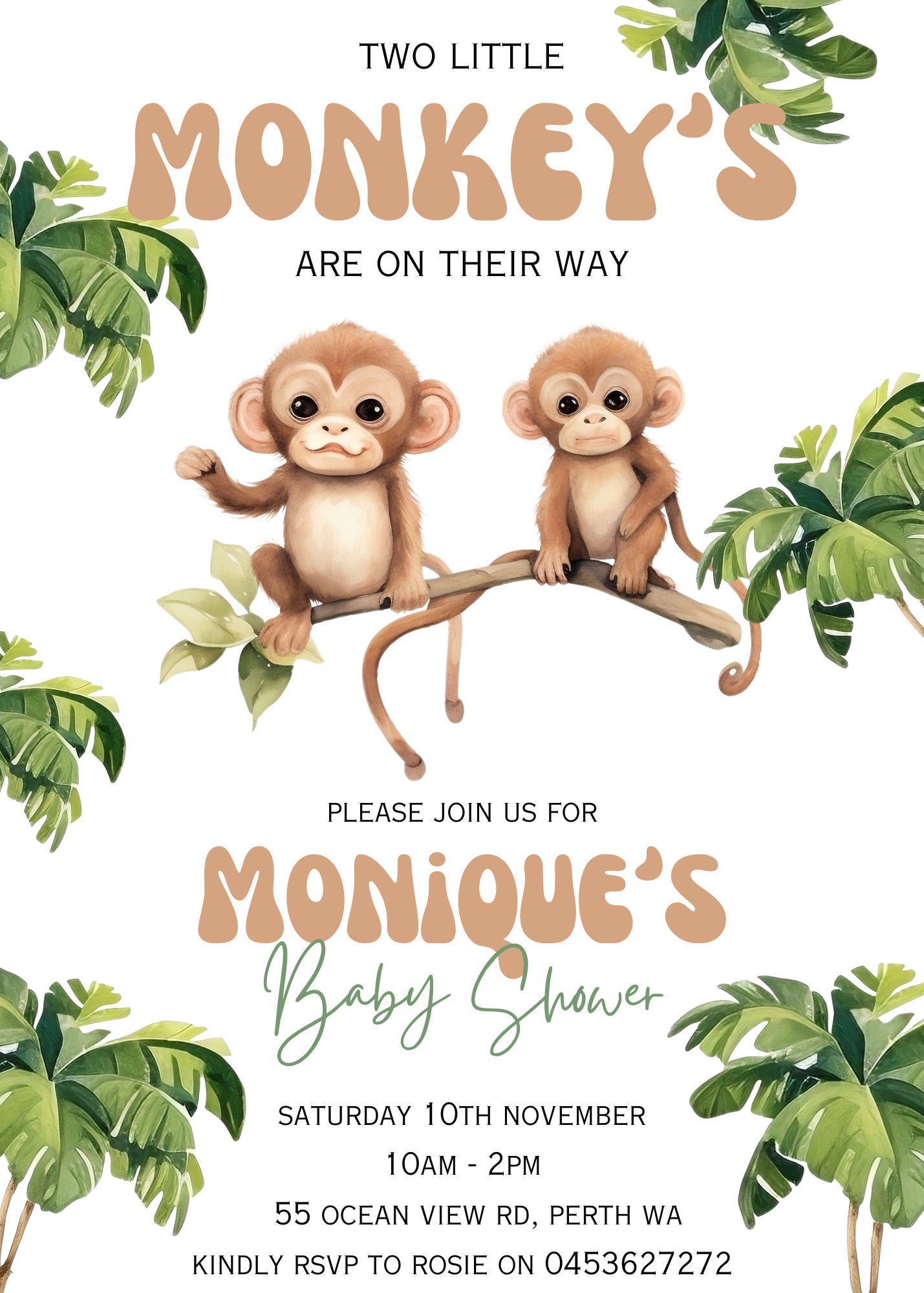Editable Two Little Monkey's Are on Their Way Baby Shower Invitation ...