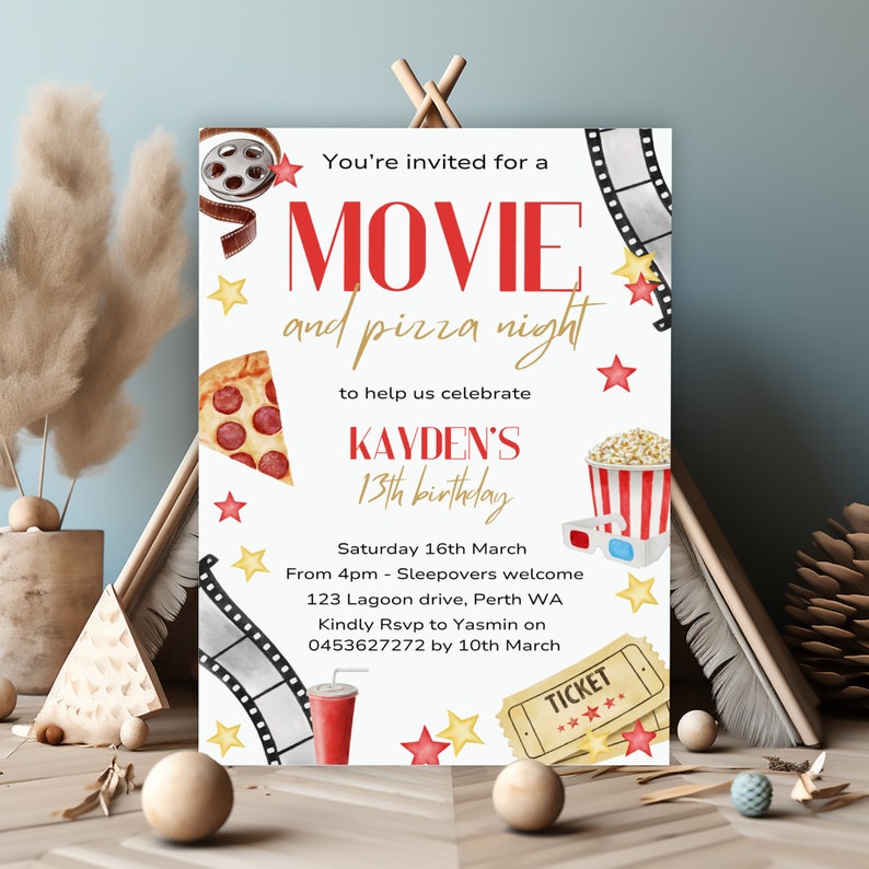 Pizza and Movie Night Birthday Party Invitation, Popcorn and Movie ...