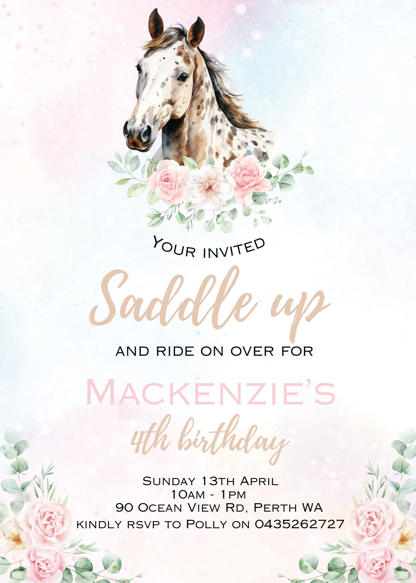 Editable Pretty Horse and Flowers Birthday Invitation, Saddle up and ...