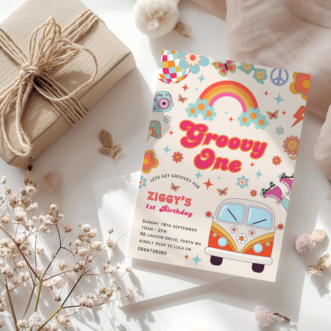 Editable Groovy One Birthday Party Invitation, Two Groovy Party Invite ...