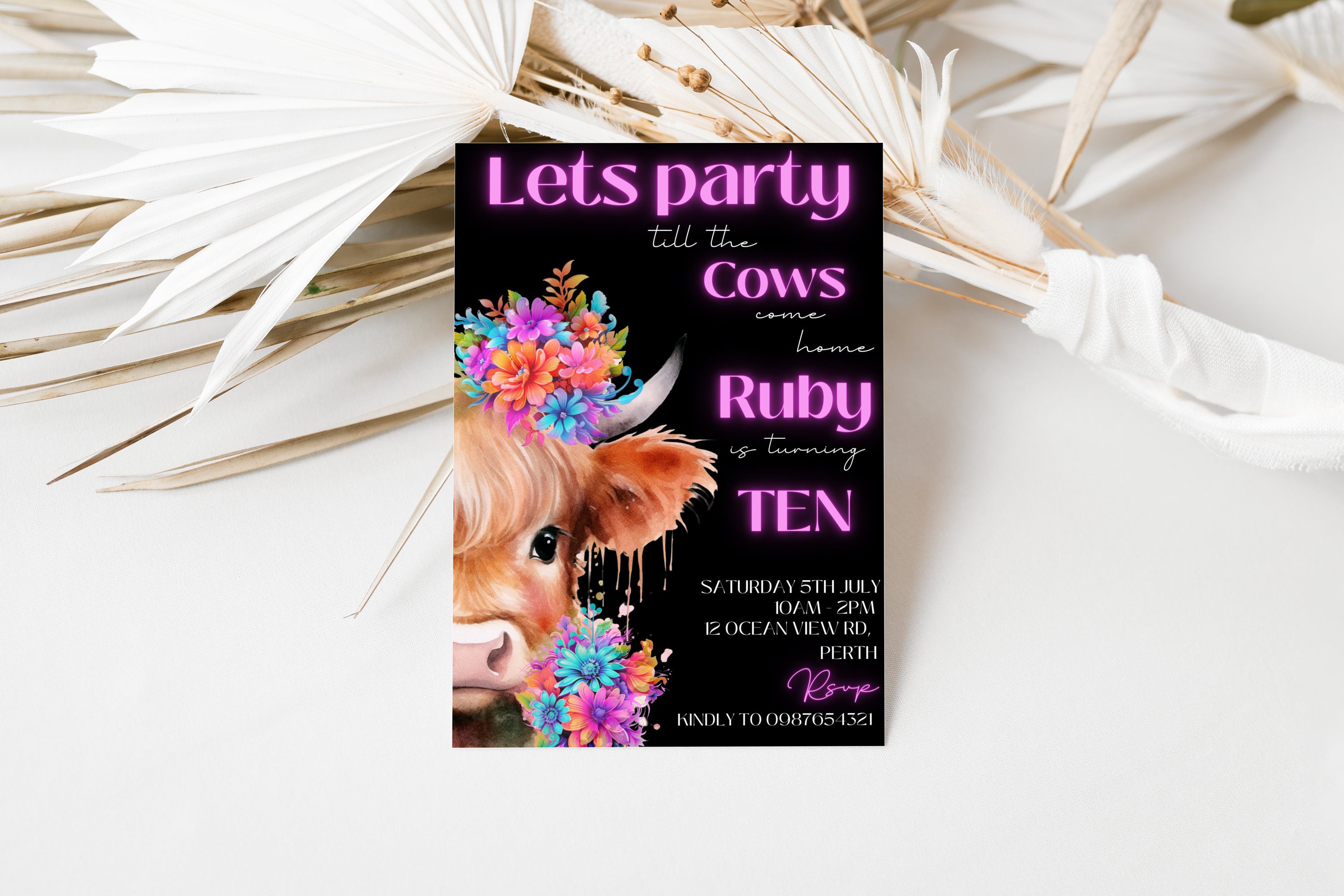 Editable Neon Highland Cow Birthday Party Invitation, Pink Party ...