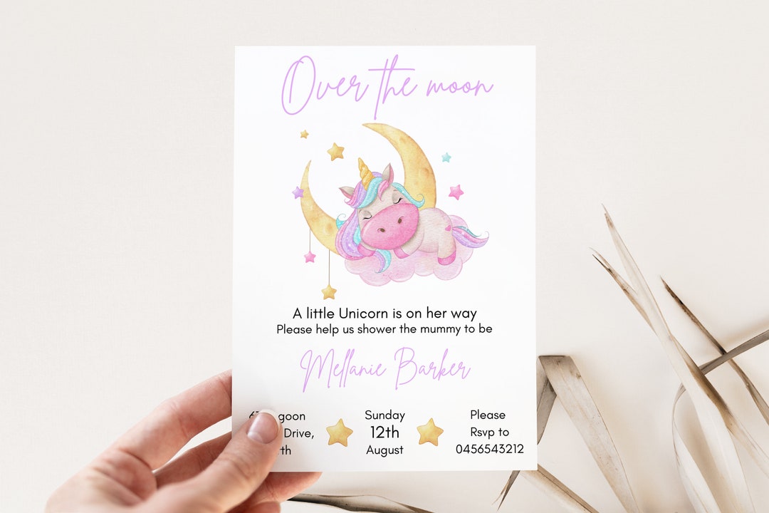 Editable Over the Moon Invitation Baby Shower Invite Unicorn Invite ...