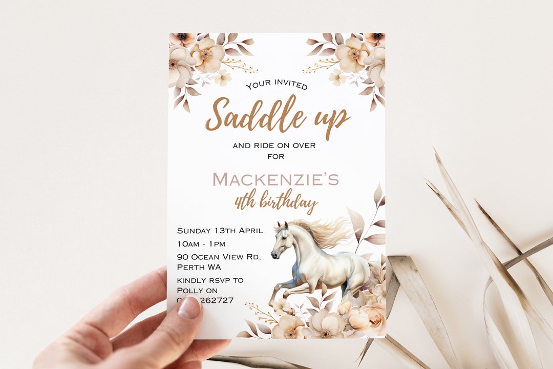Editable Pretty Horse and Flowers Birthday Invitation, Saddle up and ...