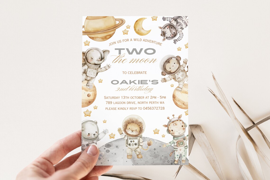 Two the Moon Birthday Party Invitation, Safari Animals Astronaut Party ...