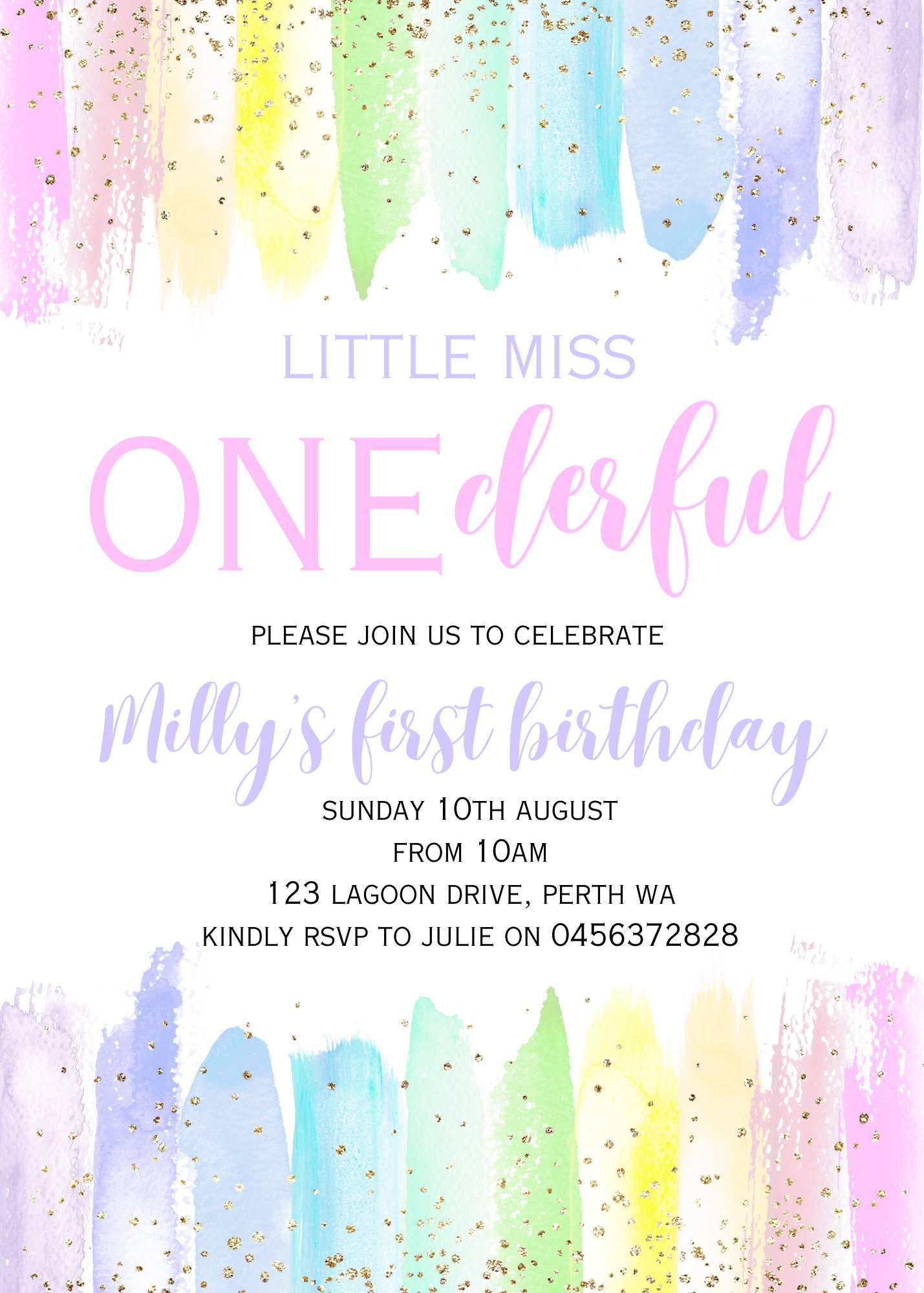 Editable Little Miss Onederful Girl's First Birthday Invitation ...