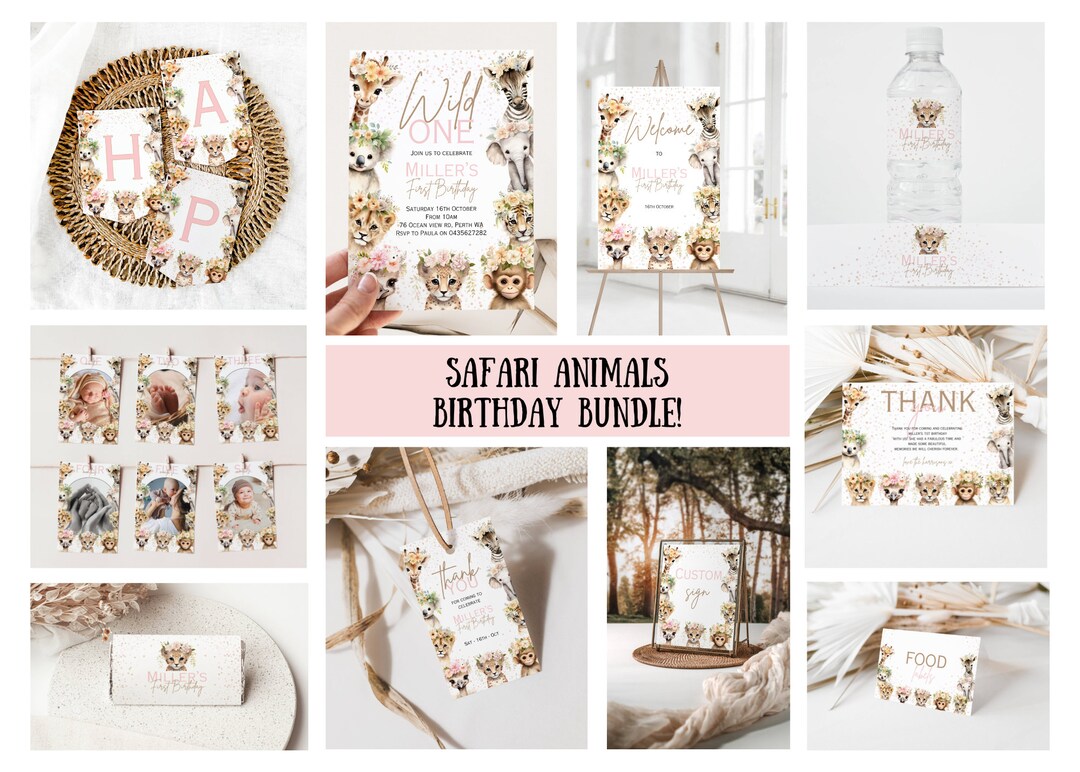 Editable Wild One Safari Animals Birthday Bundle, Safari Animals and ...