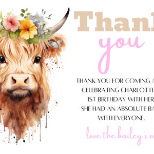 Editable Highland Cow Thank You Card, Birthday Thank You Card Printable ...