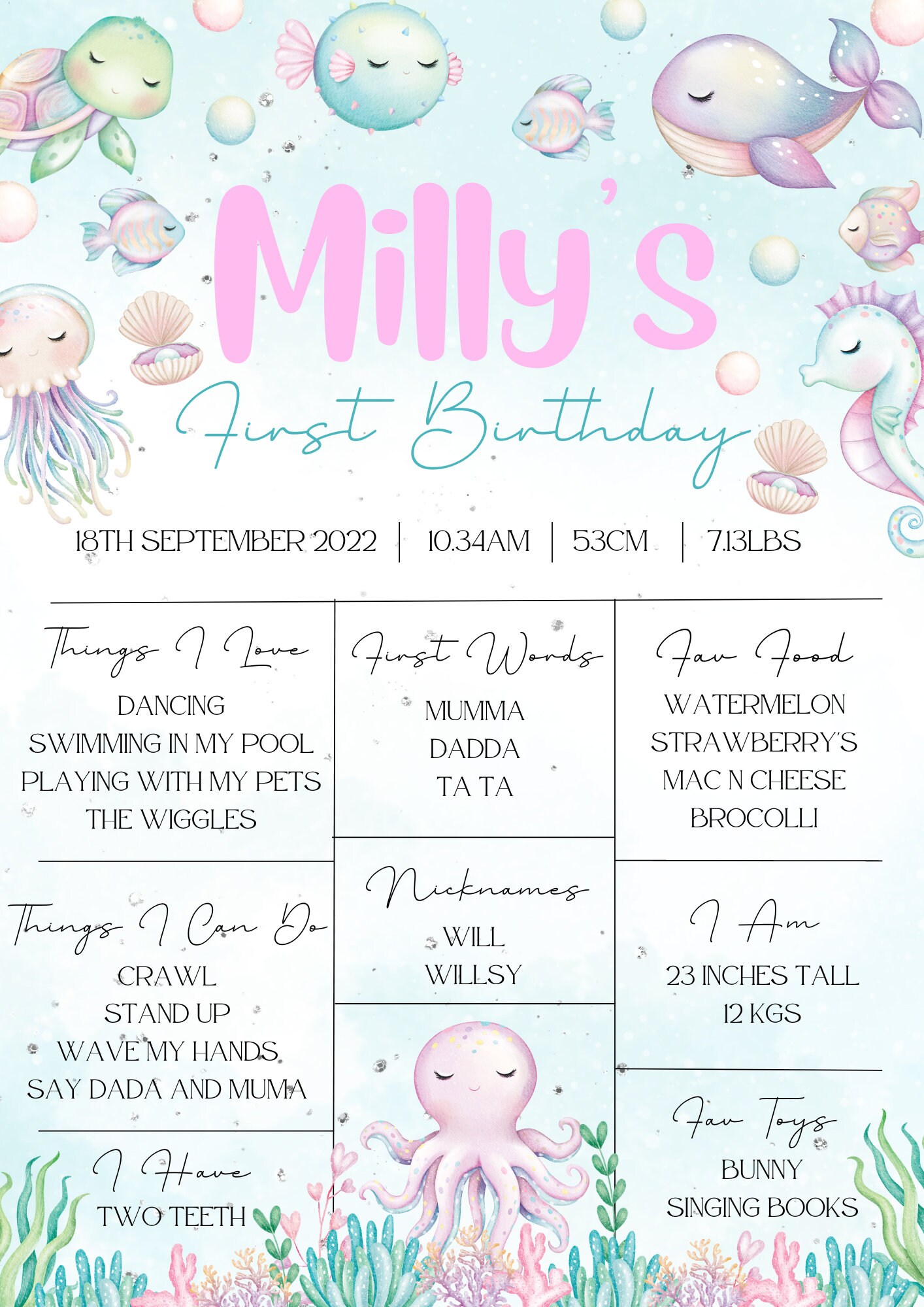 Editable Under the Sea Milestone Board First Birthday Milestone Board ...