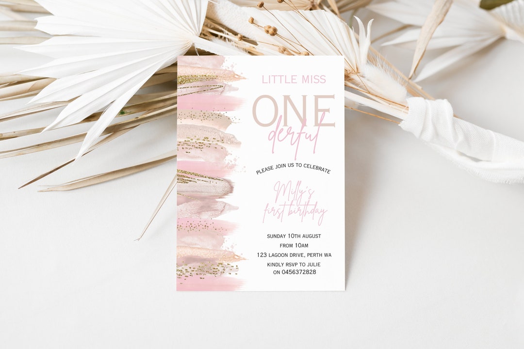 Editable Little Miss Onederful Girl's First Birthday Invitation, Blush ...