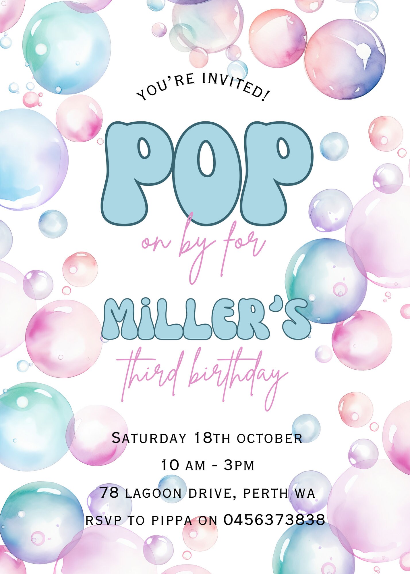Editable Bubbles Birthday Invitation, Pop on by Birthday Party Invite ...
