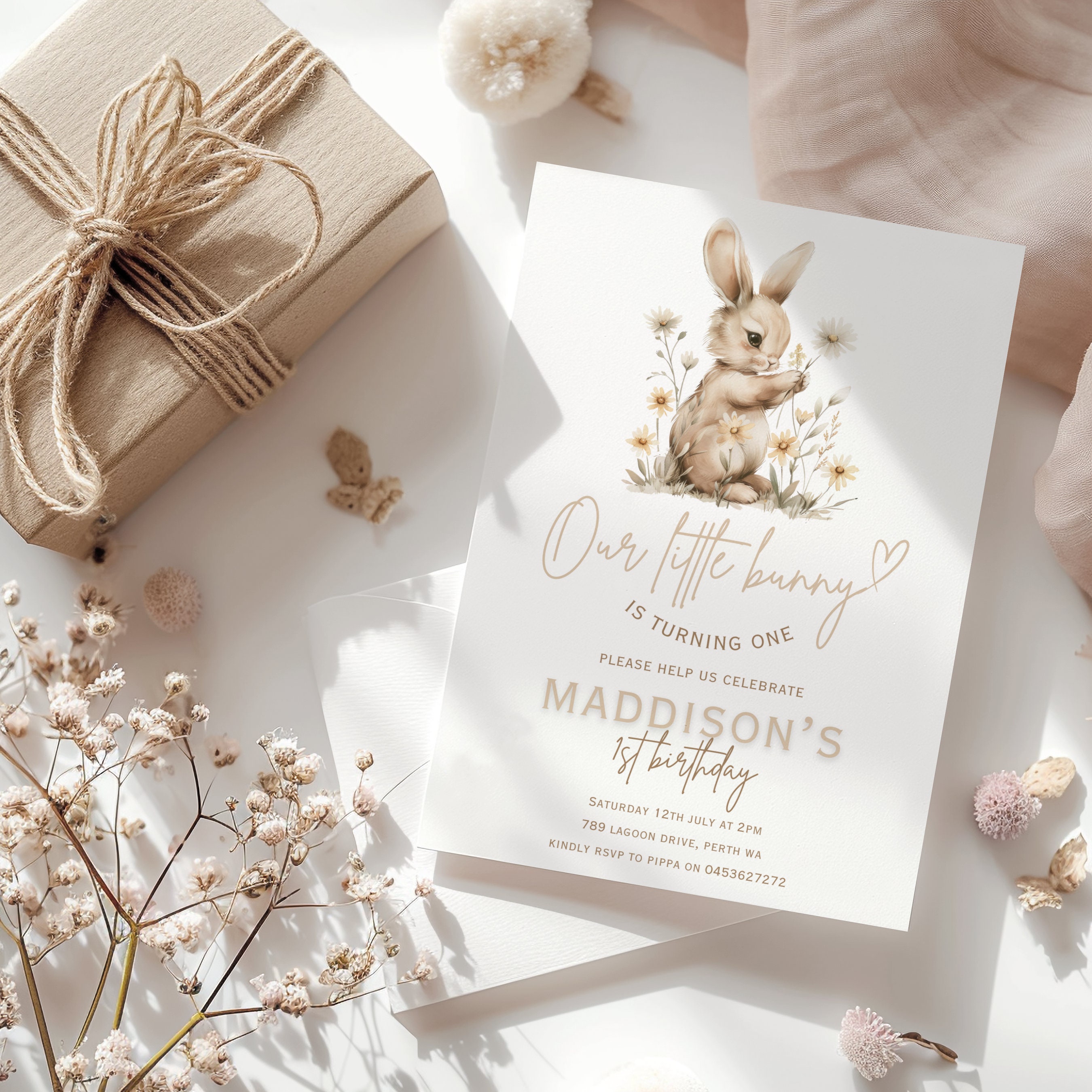 Editable A Little Bunny is Turning One Invitation, Bunny and Wildflower ...