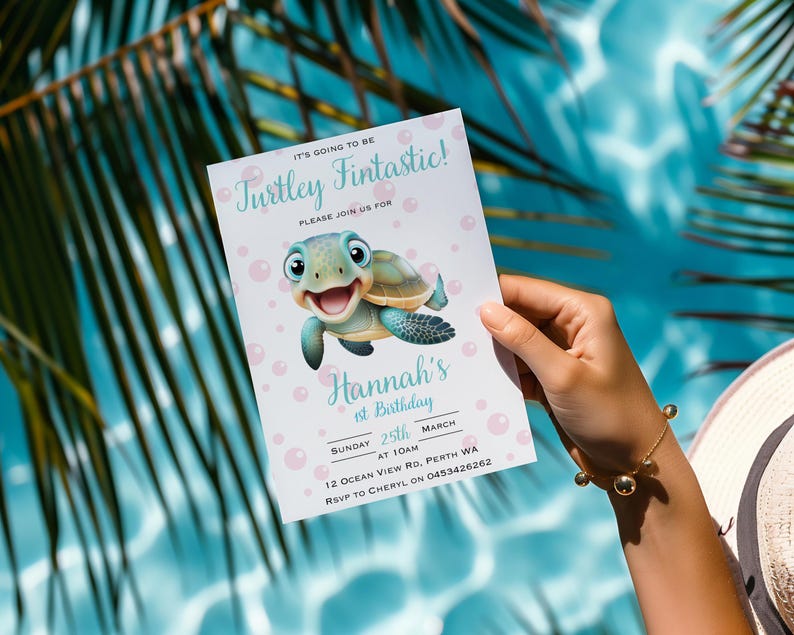 Turtle Birthday Invitation, Turtley Fintastic Invite, Girl's First ...